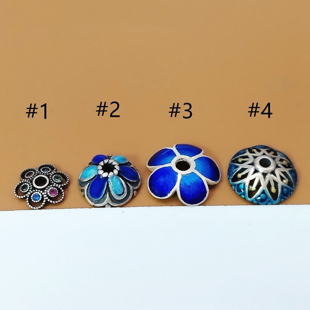5 Sterling Silver Daisy Bead Caps Enameled, 925 Silver Lotus Flower ...