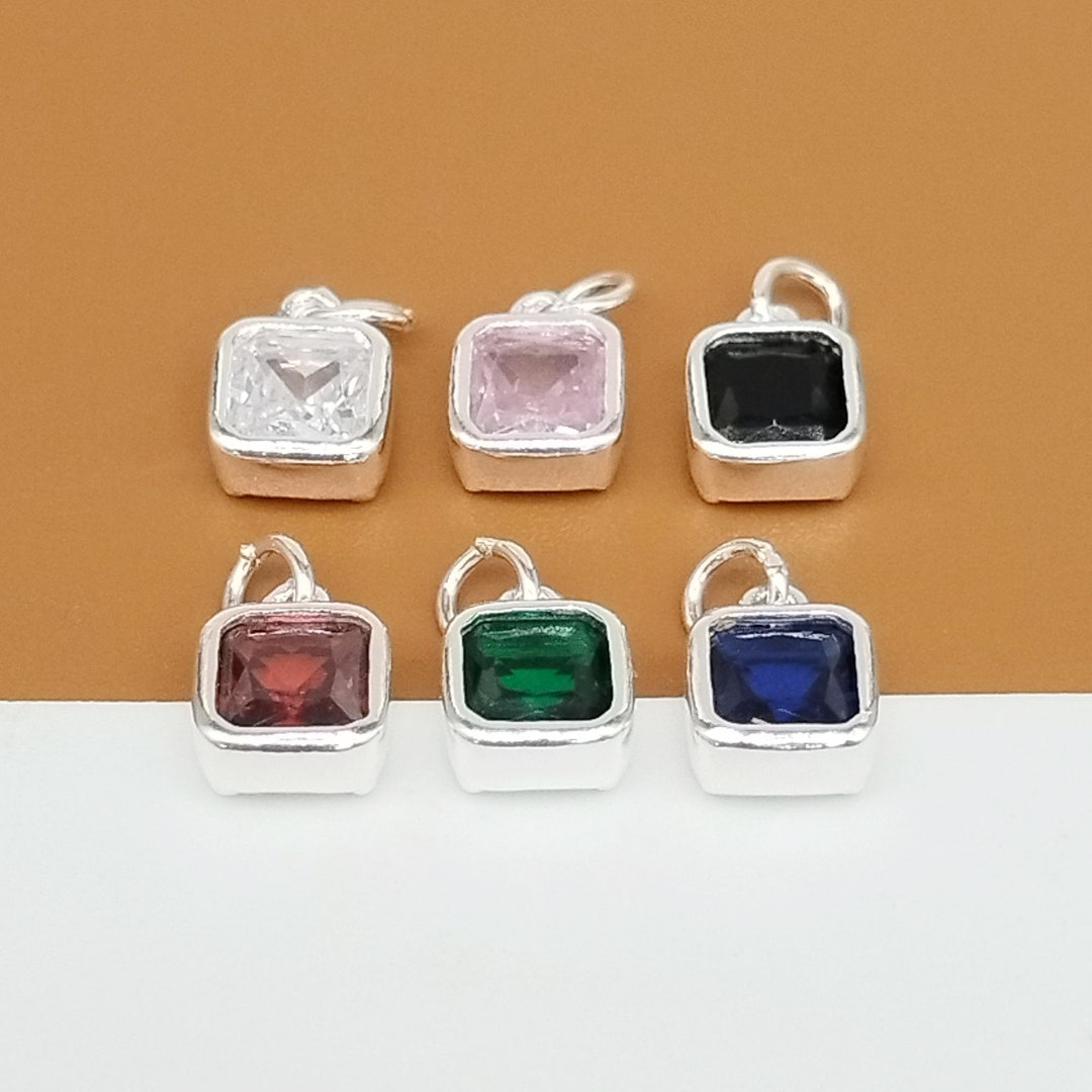 4 Sterling Silver Square Charms With CZ, 925 Silver Small Gemstone ...