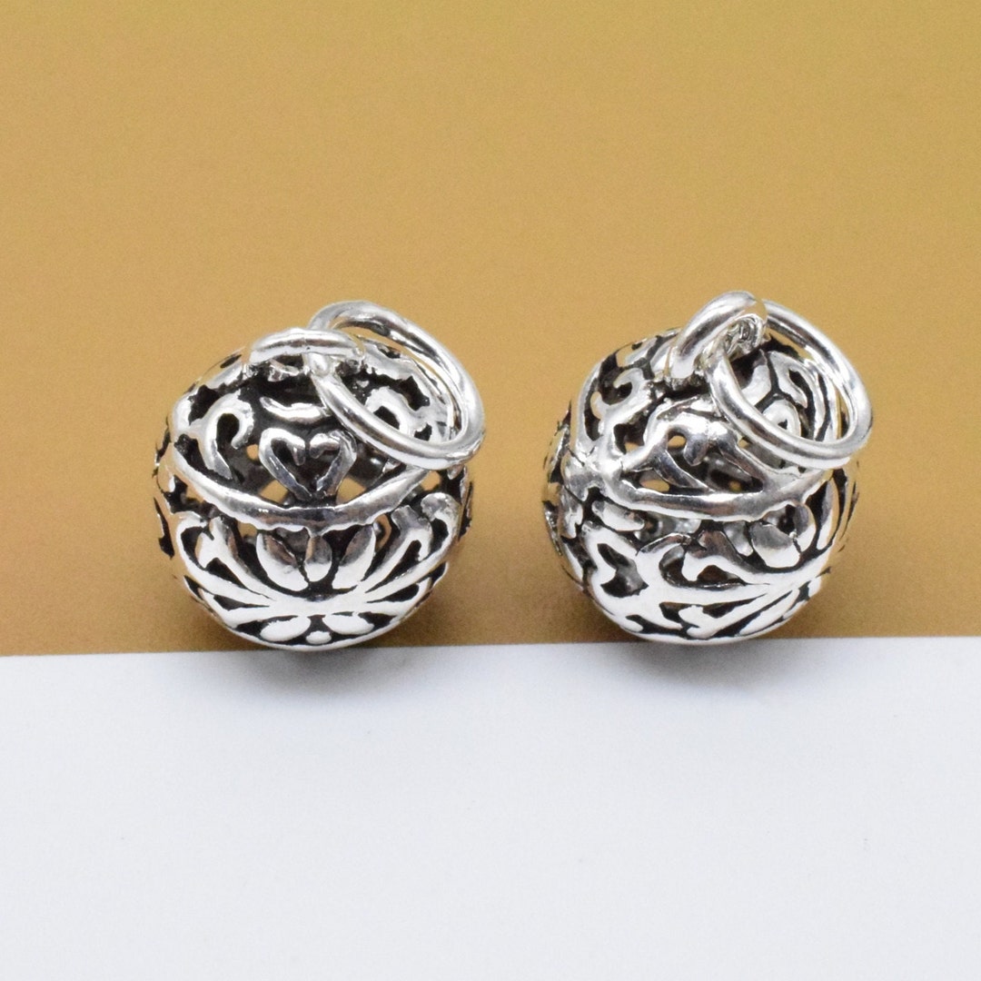 4 Sterling Silver Spiral Heart Round Charms, 925 Silver Hollow Ball ...