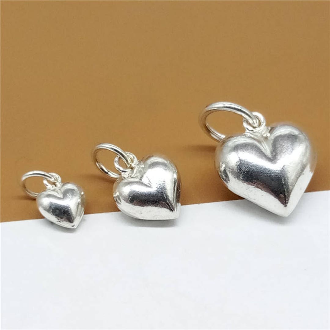 Sterling Silver Puffy Heart Charms 3D, 925 Silver Love Heart Charms ...