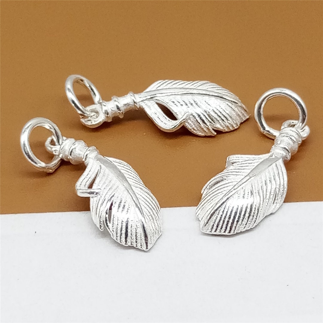 2 Sterling Silver Feather Charms, Shiny Feather, 925 Silver Feather ...