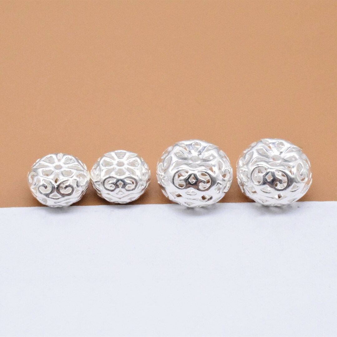 2 Sterling Silver Spiral Shiny Beads, 925 Silver Flower Bead, Floral ...