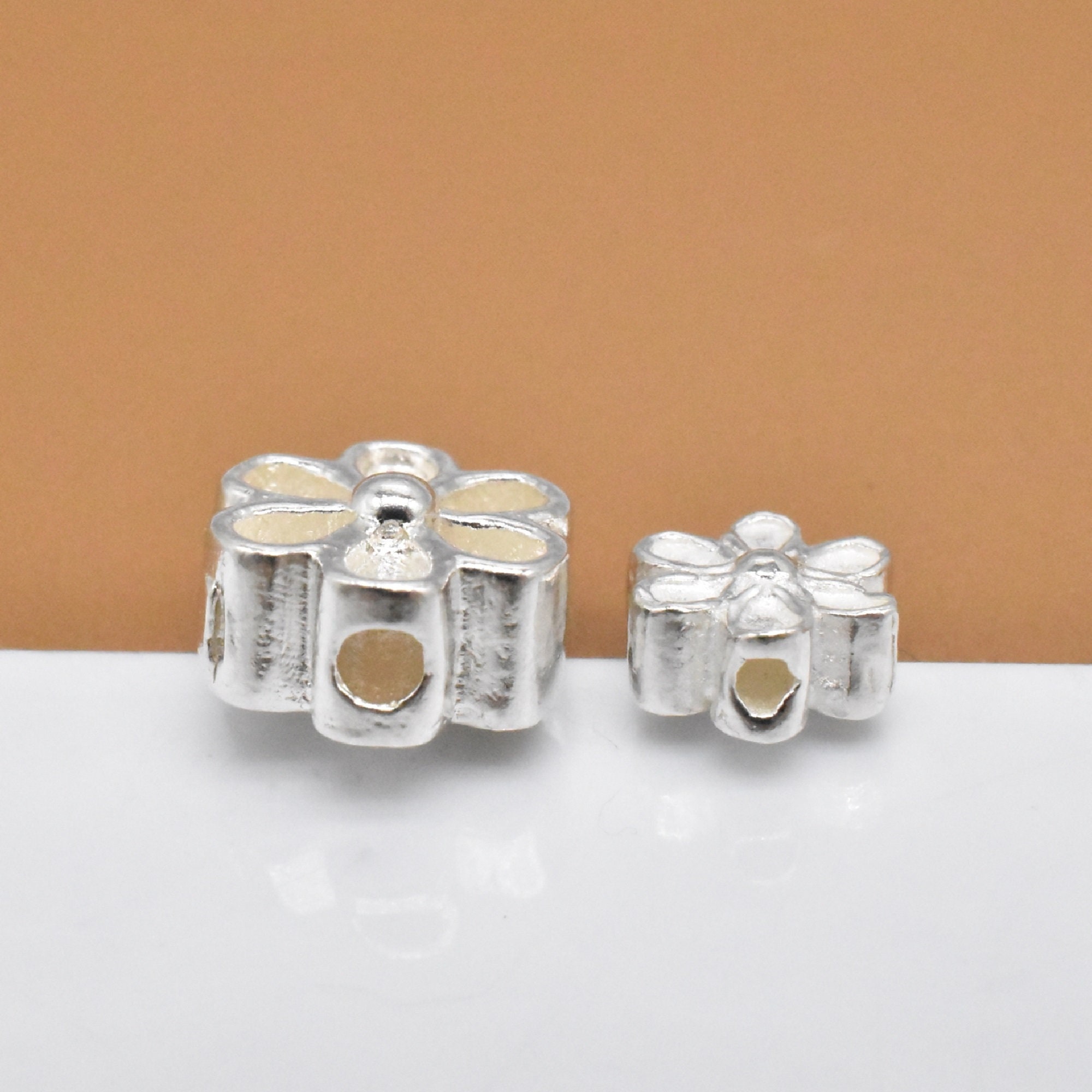 8 Sterling Silver Daisy Beads 2-sided, 925 Silver Daisy Beads, Daisy ...