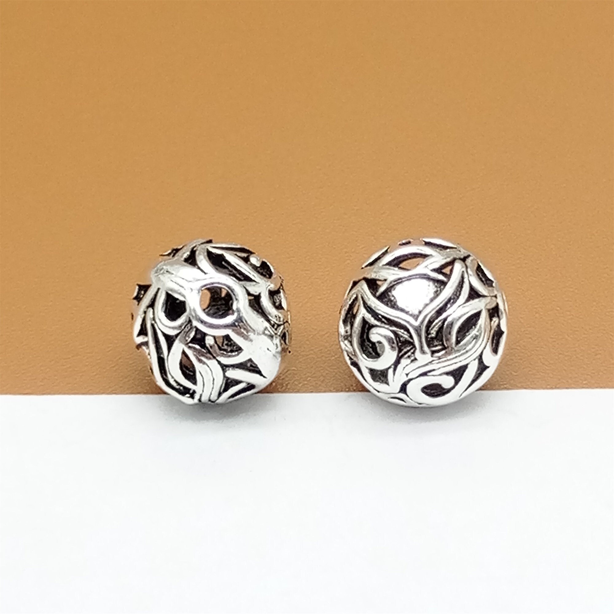 2 Sterling Silver Fox Beads, 925 Silver Fox Beads, Hollow Round Bead ...