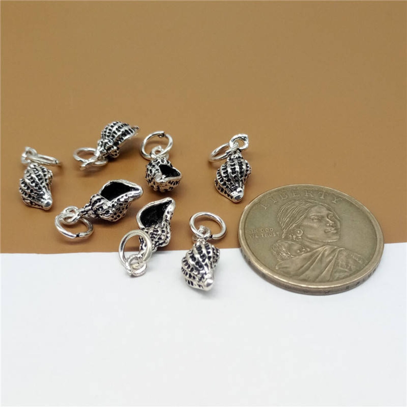2 Sterling Silver Small Conch Charms 3D, Shell Charms, 925 Silver Conch ...