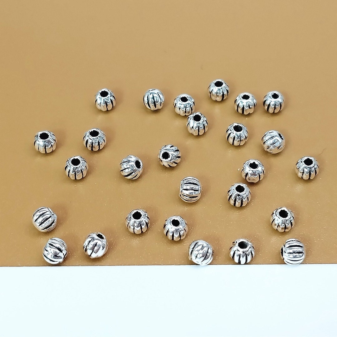 50 Sterling Silver Corrugated Round Beads, 925 Silver Straight ...