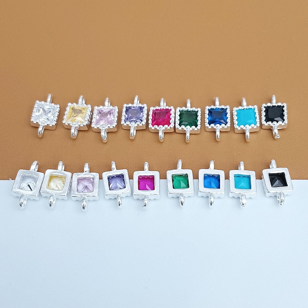 6 Sterling Silver Square Charm Connectors With CZ, 925 Silver Square ...
