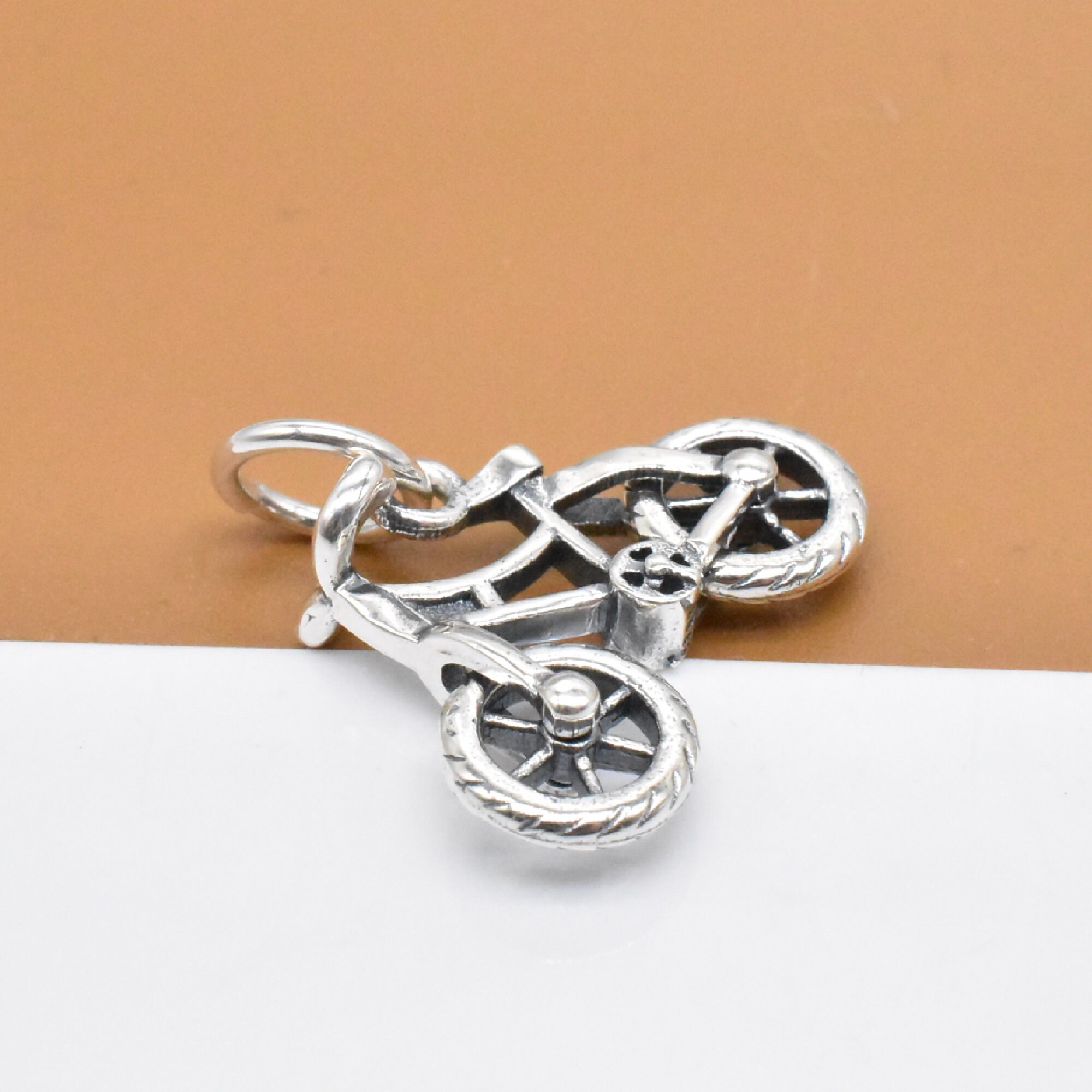 Sterling Silver Bicycle Charm 3D, 925 Silver Bike Charm, Spinning Tire ...