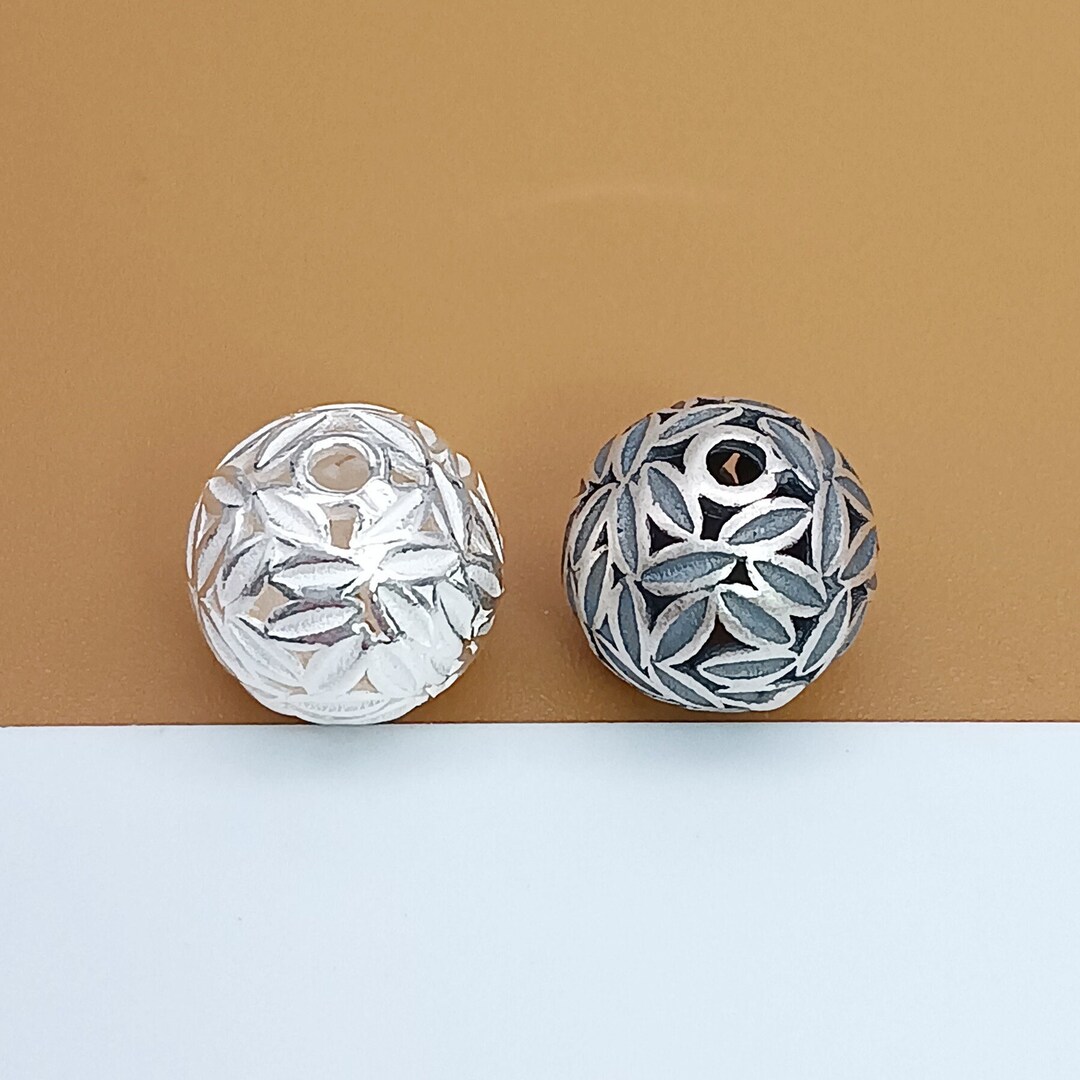 2 Sterling Silver Flower Bead, 925 Silver Hollow Flower Bead, Leaf Bead ...