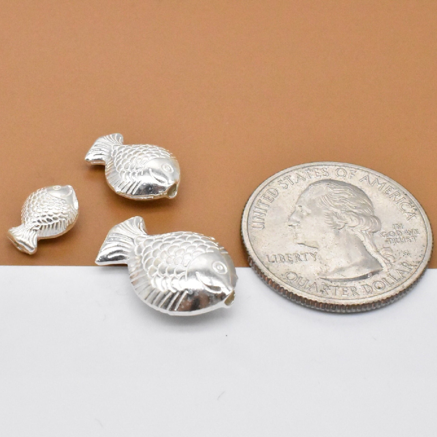 4 Sterling Silver Fish Beads 3D 2-sided, 925 Silver Fish Beads, Shiny ...