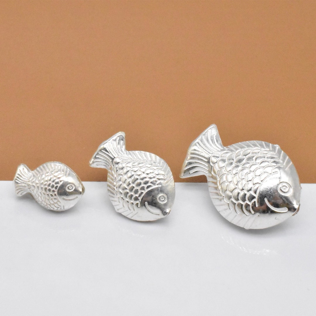 4 Sterling Silver Fish Beads 3D 2-sided, 925 Silver Fish Beads, Shiny ...