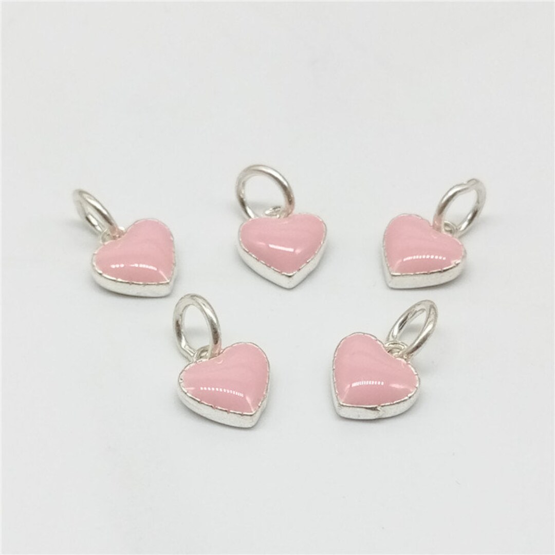 5 Sterling Silver Pink Love Heart Charms With Enameled, 925 Silver ...