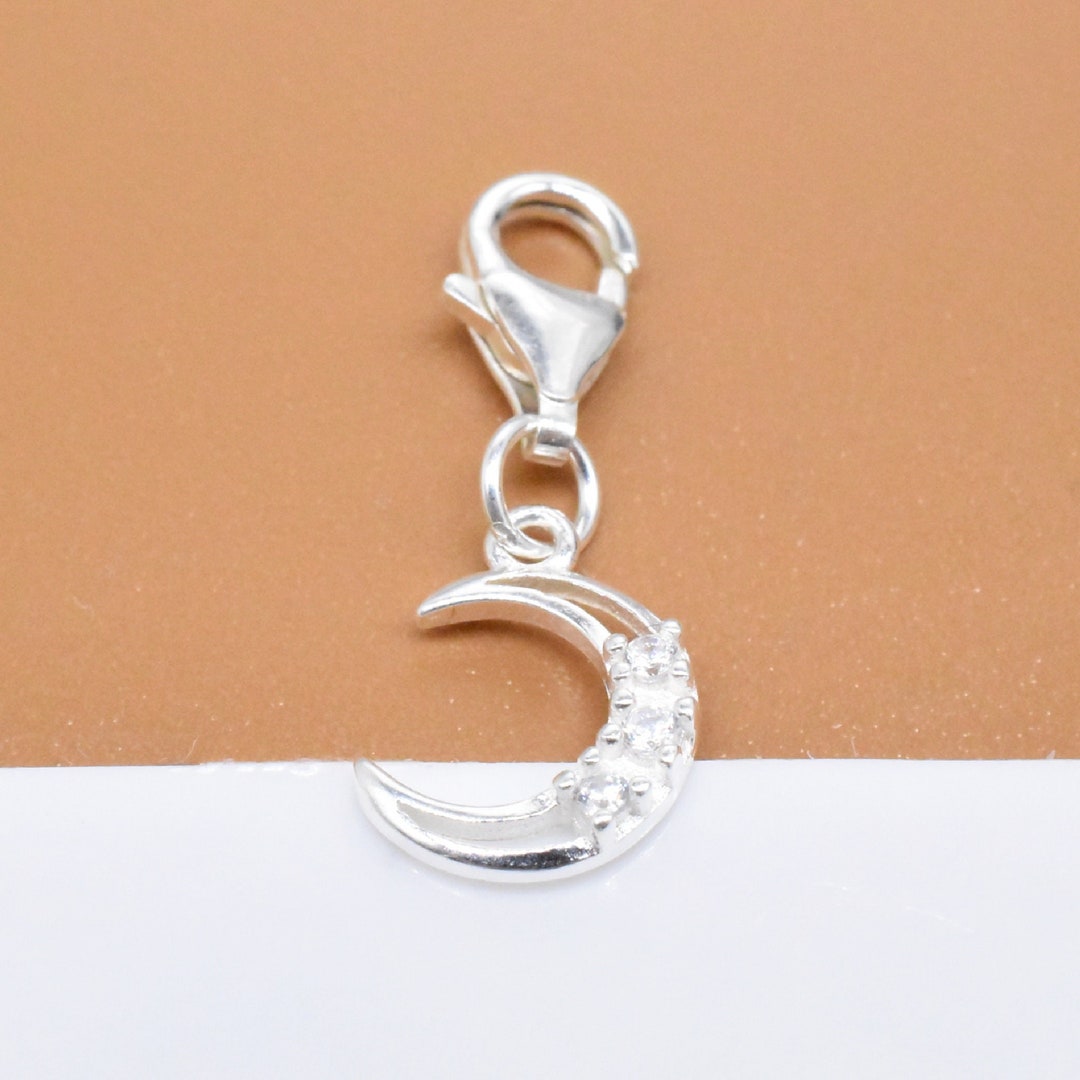 Sterling Silver CZ Crescent Moon Clip on Charm, 925 Silver Moon Clip ...