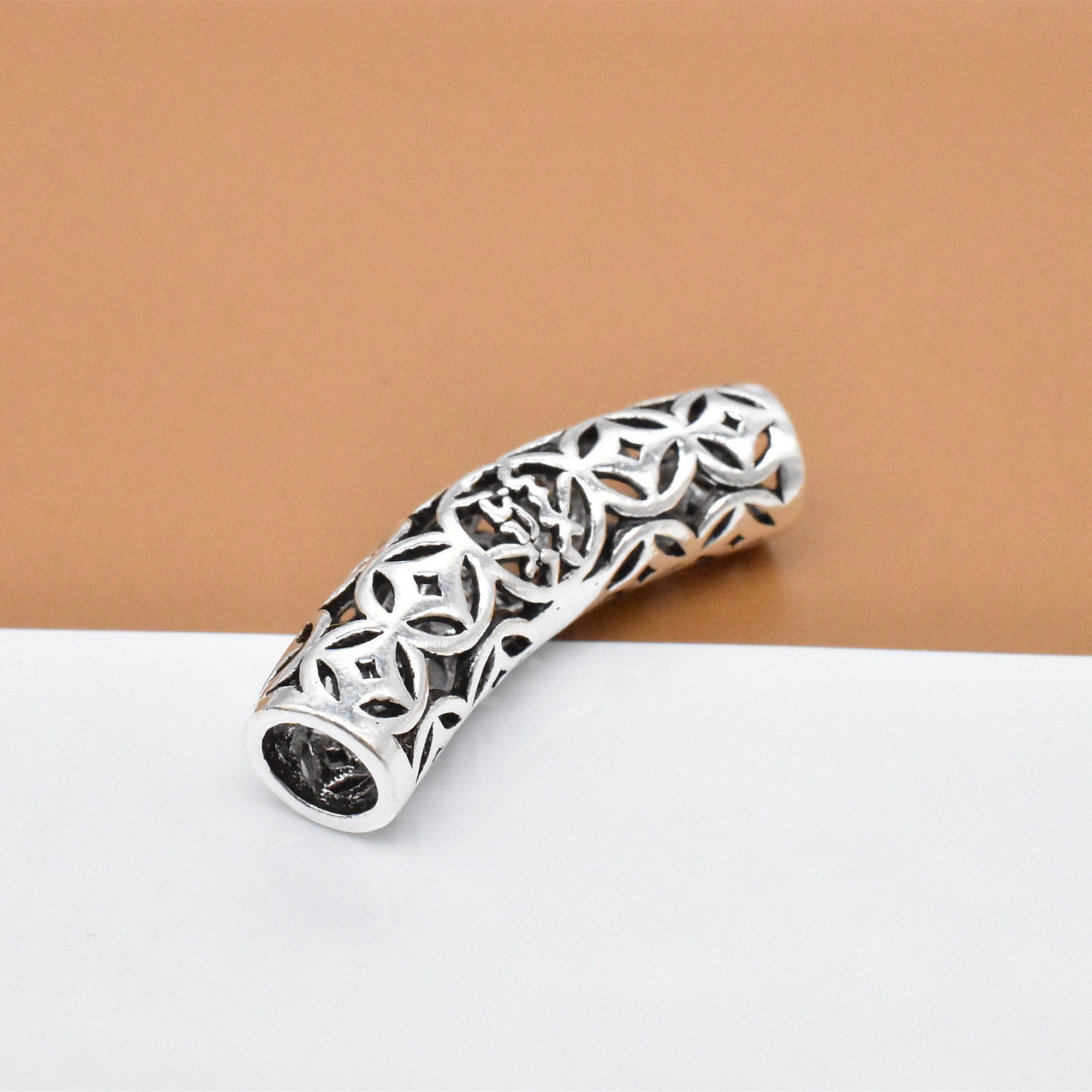 2 Sterling Silver Coin Curved Tube Beads, 925 Silver Tube Beads, Coin ...