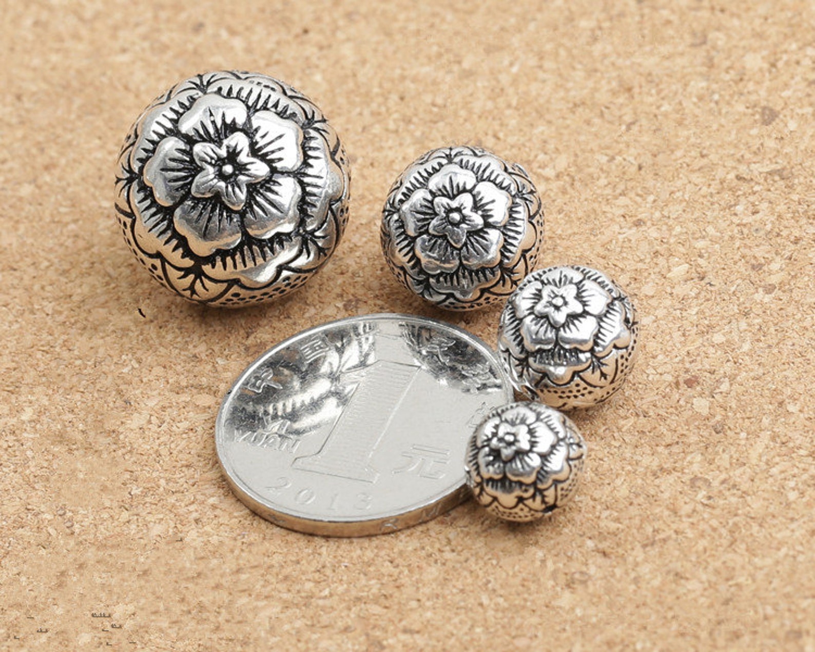 Sterling Silver Flower Beads, 925 Sterling Silver Flower Round Bead ...