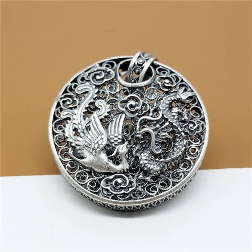 Sterling Silver Phoenix & Dragon Pendant Hollow Round - Etsy