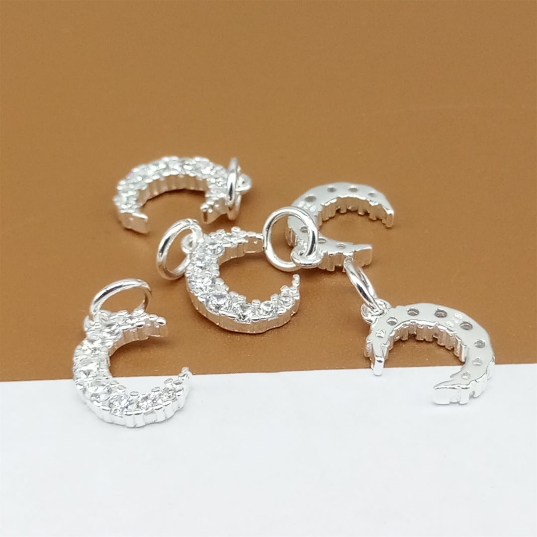 4 Sterling Silver Moon Charms With CZ, 925 Silver Moon Charms, CZ Moon ...