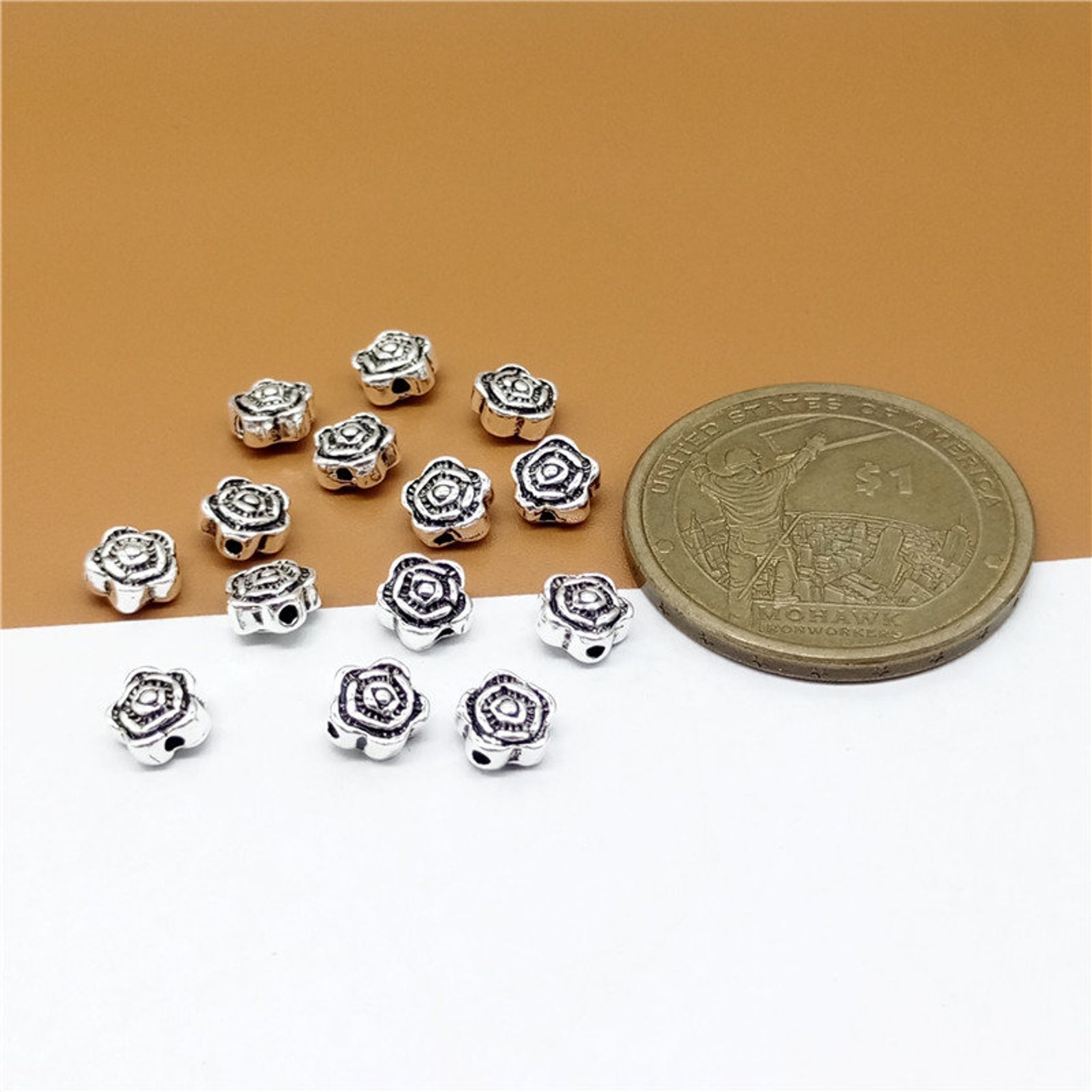 5 Sterling Silver Rose Flower Beads 2-sided, 925 Sterling Silver Rose ...