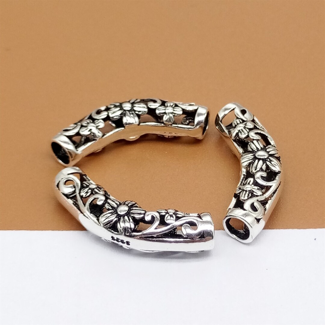 3 Sterling Silver Flower Curve Tubes, 925 Silver Flower Tube Bead ...