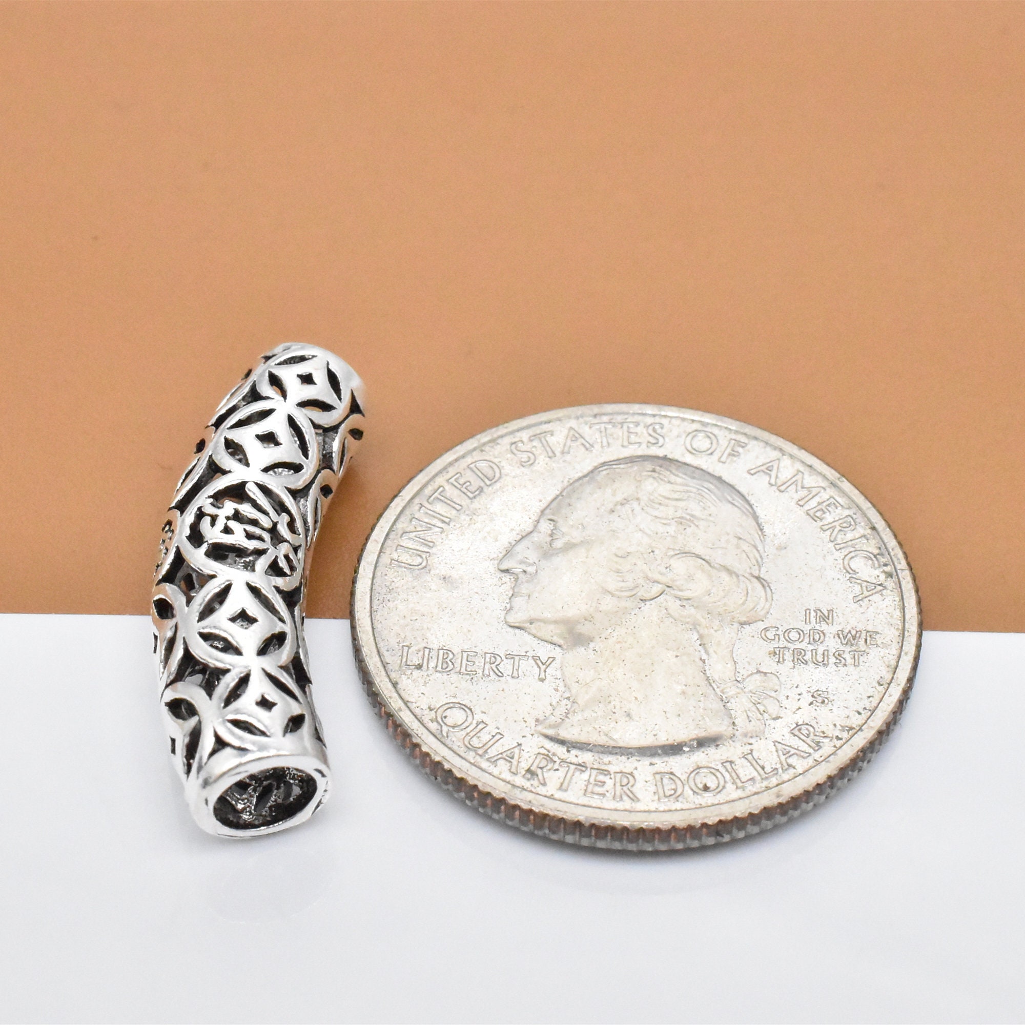 2 Sterling Silver Coin Curved Tube Beads, 925 Silver Tube Beads, Coin ...