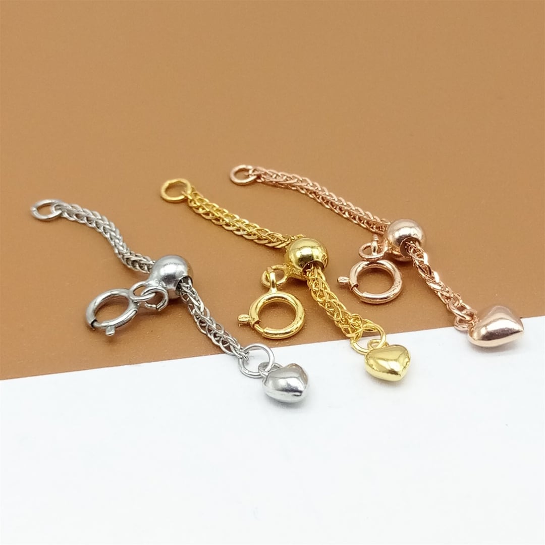 4 Sterling Silver Extender Chain W/ Heart Drop, Gold Plated Adjustable ...