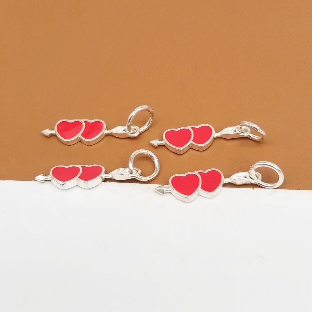4 Sterling Silver Red Heart Charms Enameled, Arrow Charm, 925 Silver ...