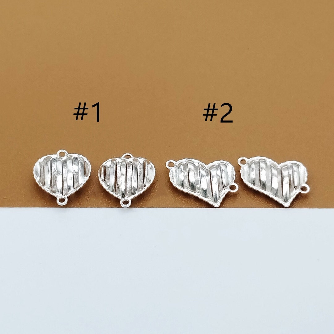 10 Sterling Silver Heart Connector Charms 2-sided, 925 Silver Shiny ...