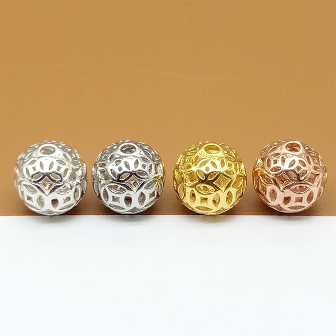 4 Sterling Silver Coin Round Beads, Gold Plated Hollow Bead, Rhodium ...
