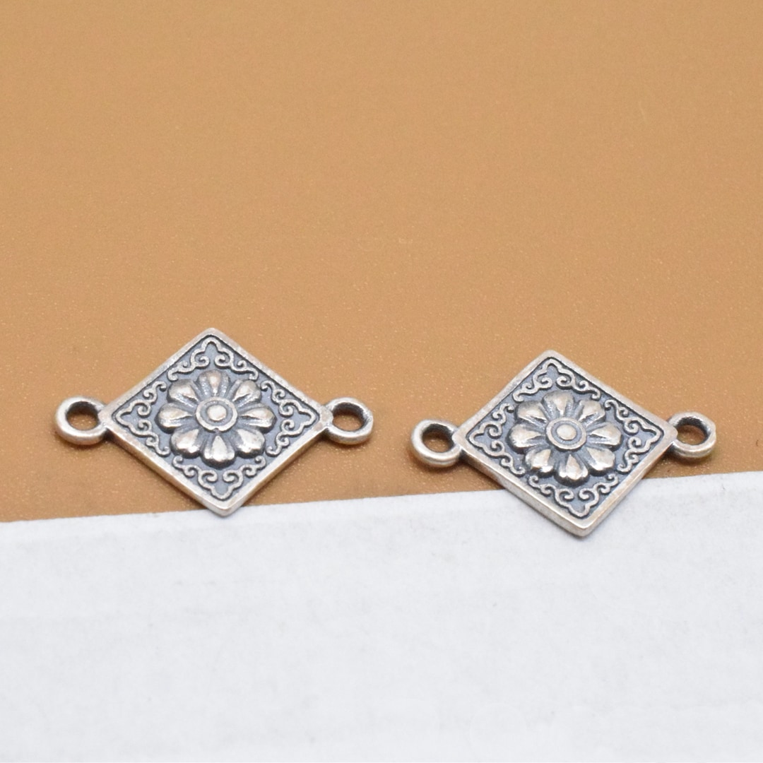 6 Sterling Silver Sunflower Connector Charms, 925 Silver Flower Charm ...