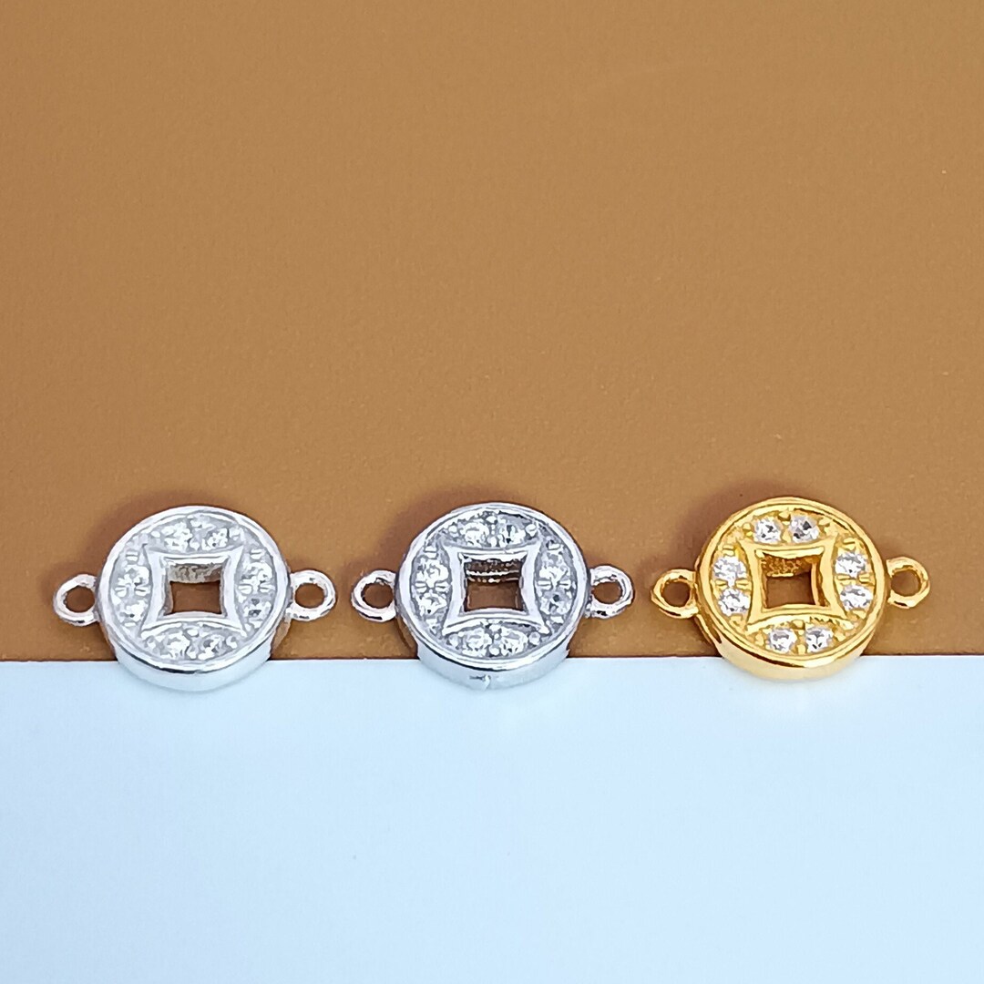 8 Sterling Silver Coin Connector Charms CZ, 925 Silver Coin Charm ...