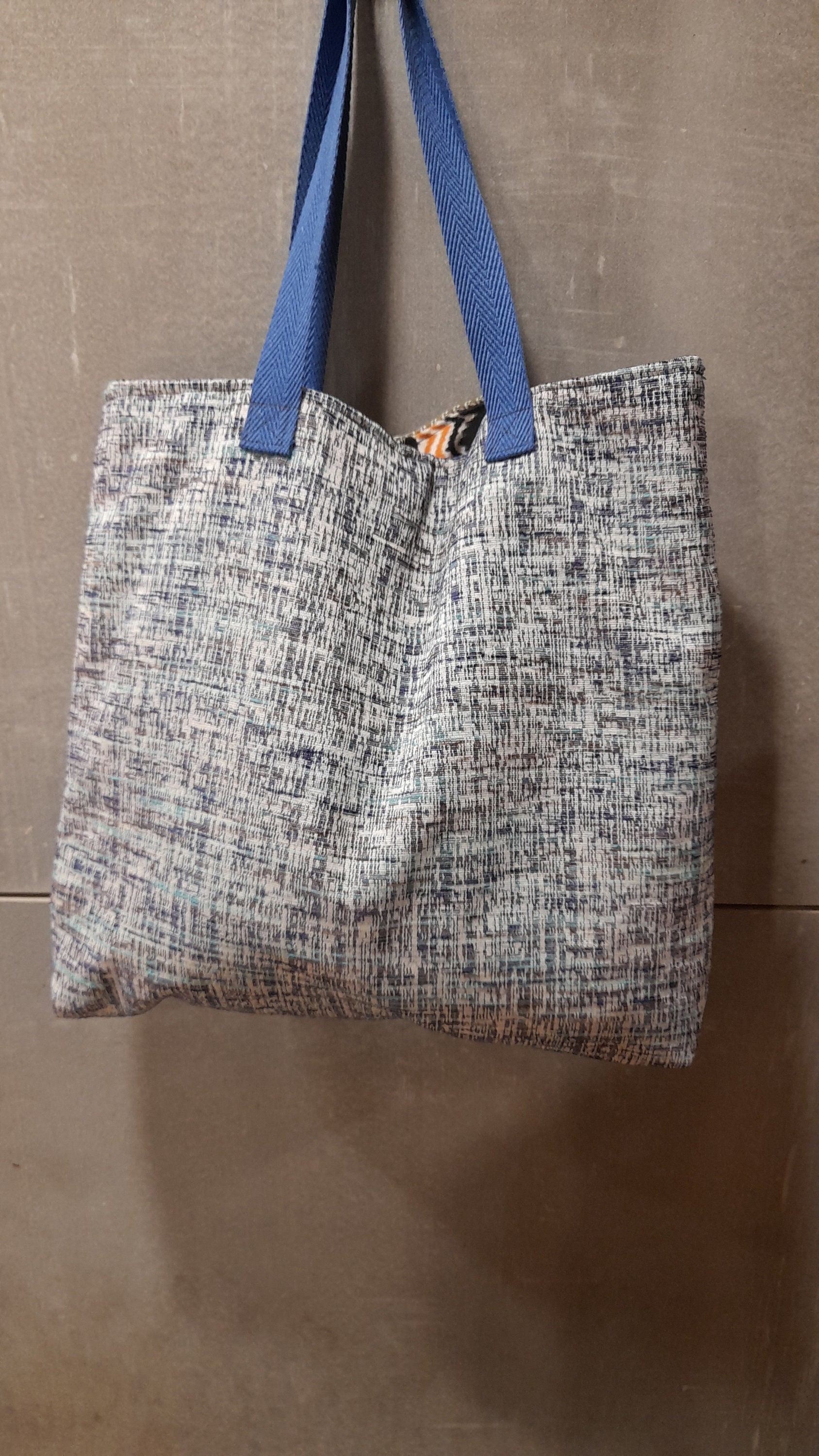 Basic Bag, Tote, Handmade, Patchwork Combination, Blue Handles, Single ...