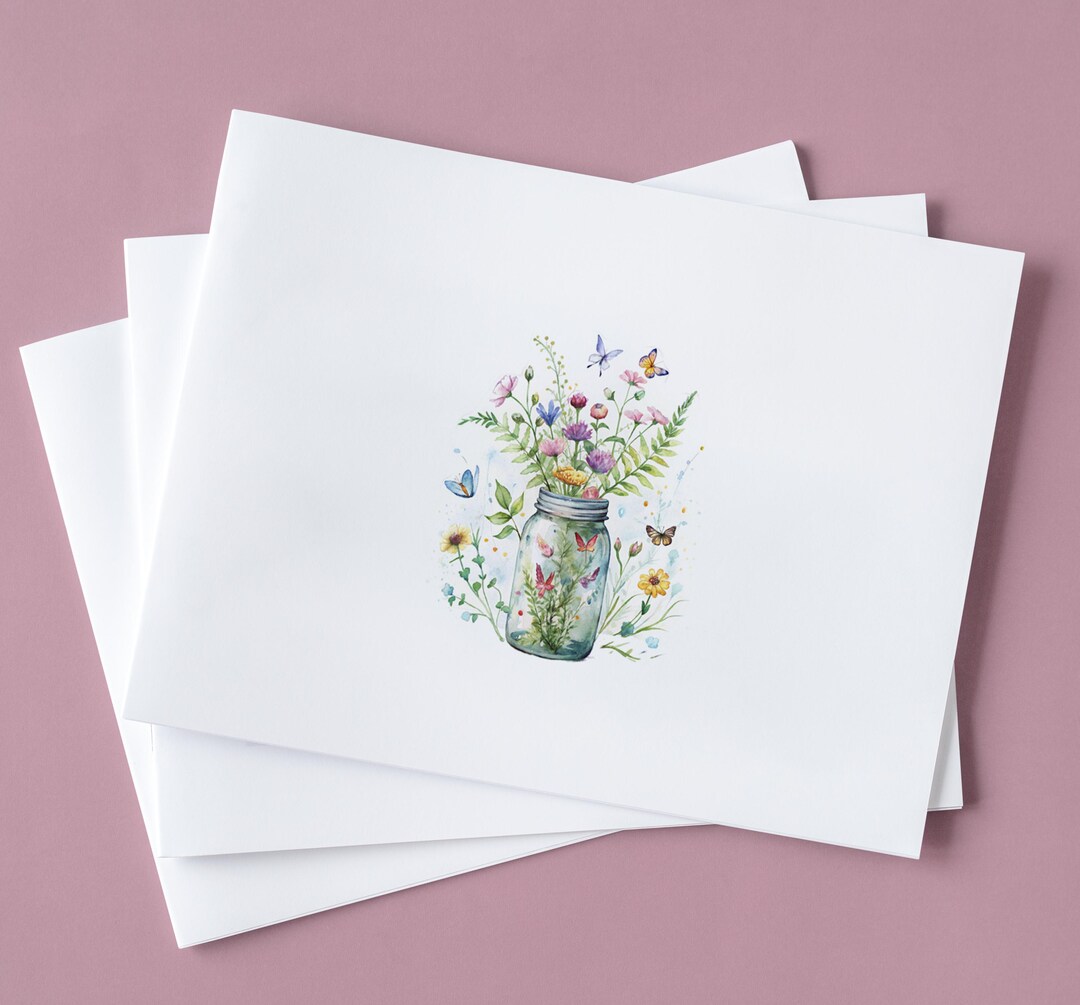 Wildflowers Mason Jar Greeting Note Card With Envelope, Set of 6, Blank ...