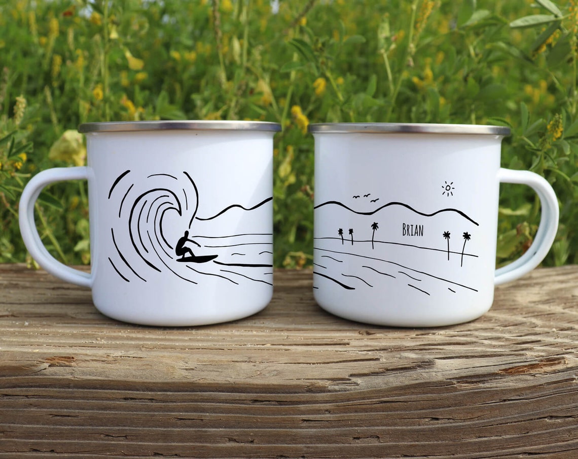 Surf Camp Mug – Custom Enamel Mug for Surfer Gift, Beach Bum or Ocean ...