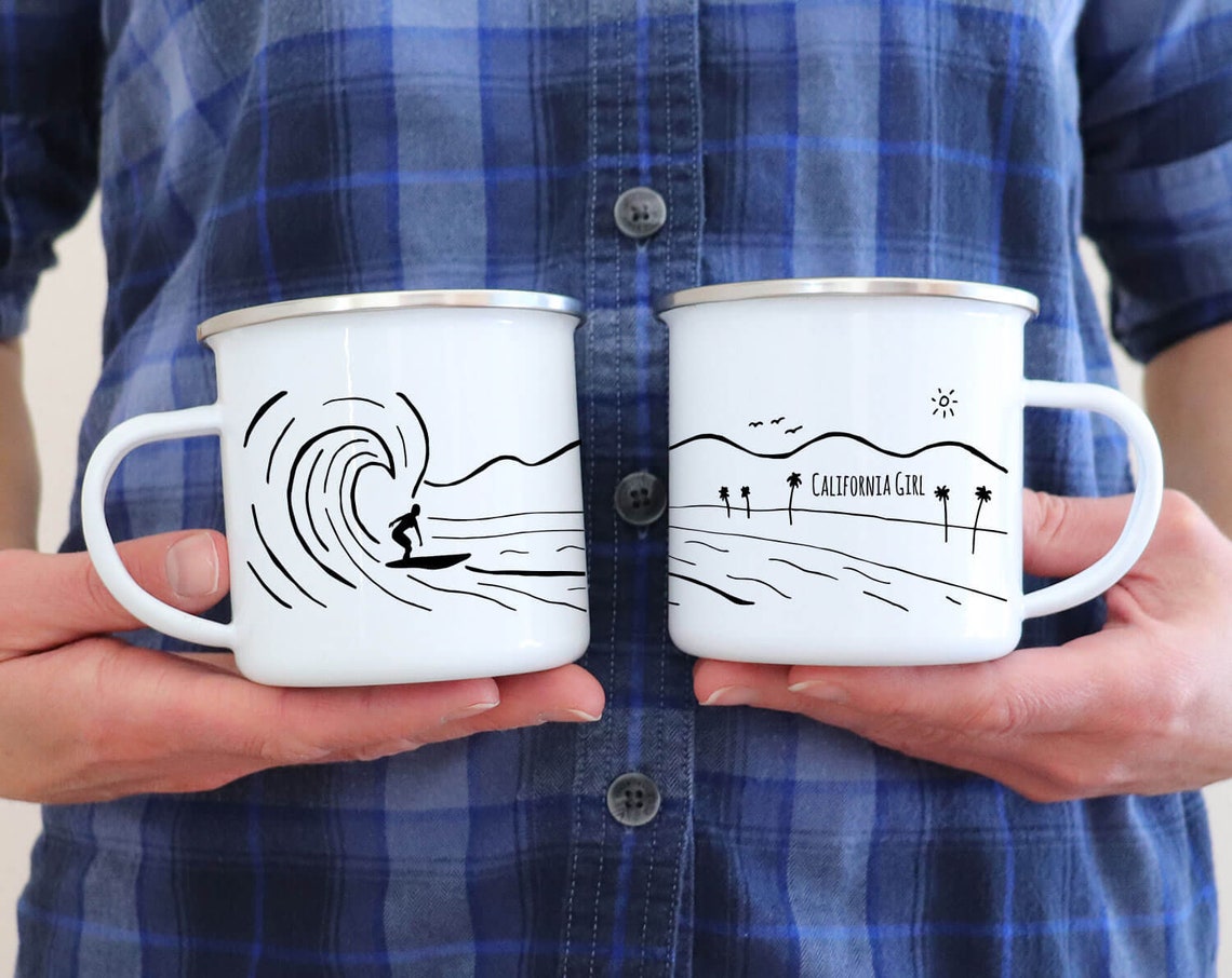 Surf Camp Mug – Custom Enamel Mug for Surfer Gift, Beach Bum or Ocean ...
