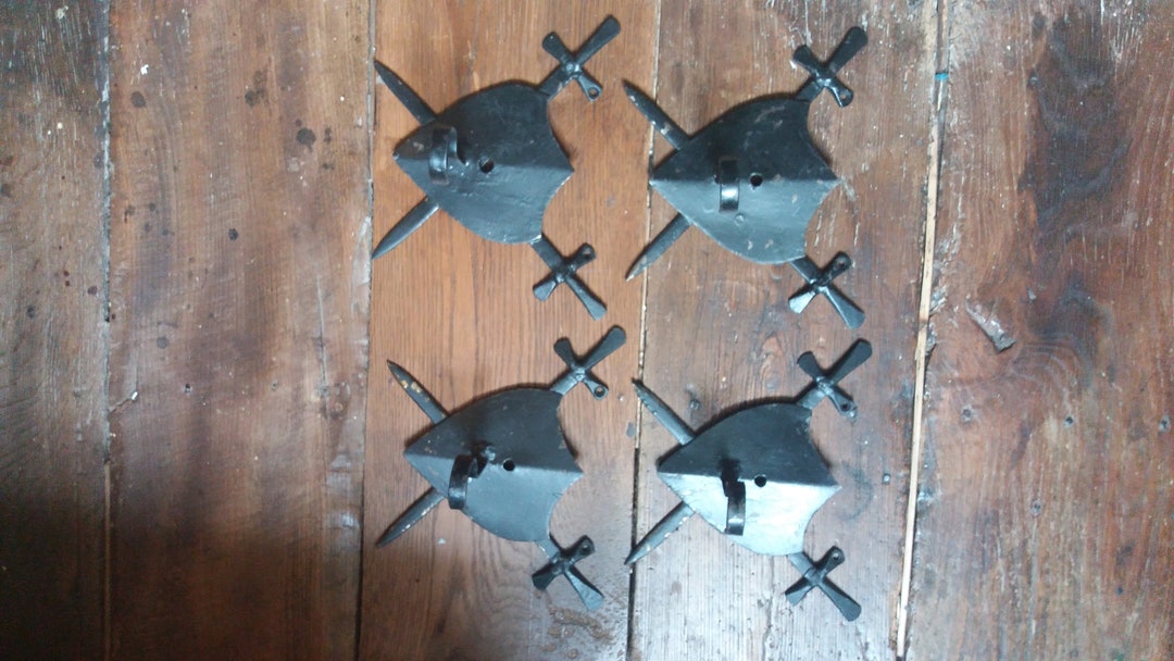 Vintage Black Wrought Iron Shield and Sword Shaped Wall Hooks Set of 4 ...