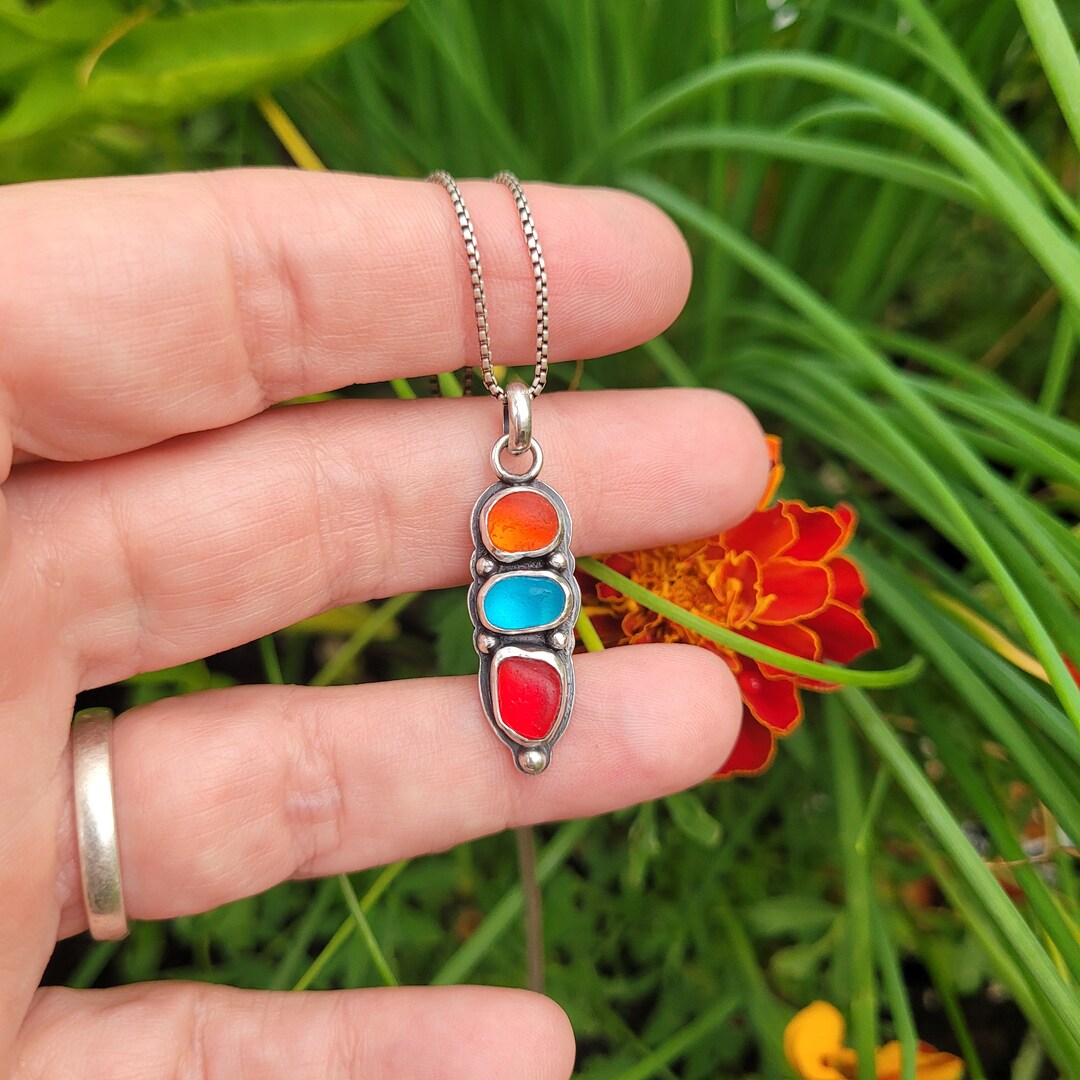 Triple Multi Setting Orange Turquoise Red Sea Glass Statement Necklace ...
