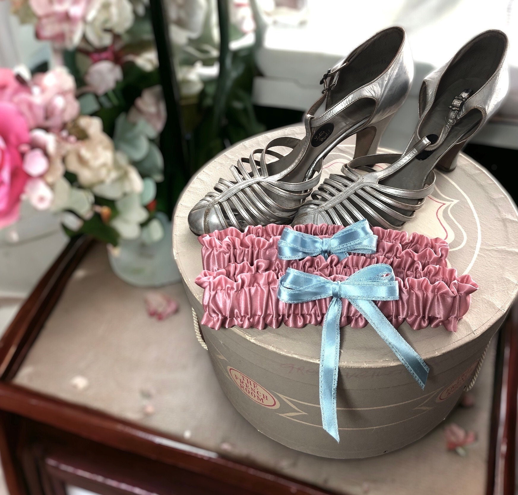 Pink Silk Garters With Vintage Ribbon, 1920's Style Garters, Dark Pink ...