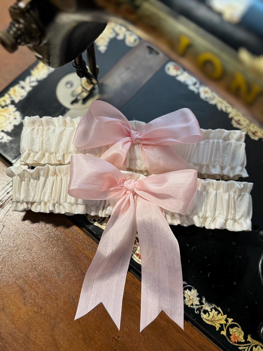 Ivory Silk Garters With Pink Silk Ribbon, Set of Two 1920's Style ...