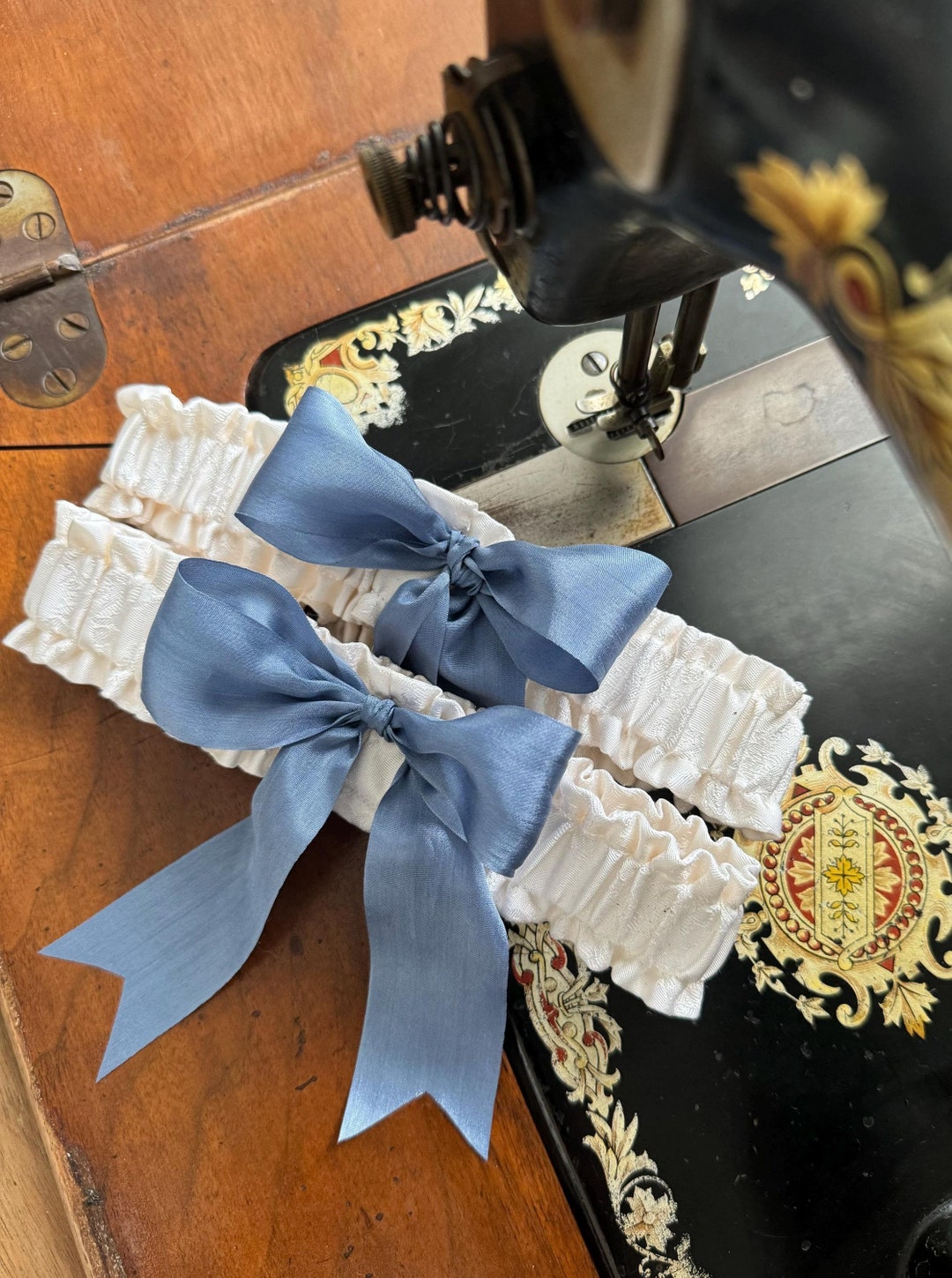 Ivory Silk Garters With Blue Silk Ribbon, Set of Two 1920's Style ...