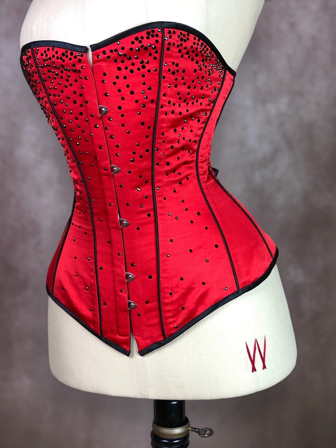 Handcrafted Red Victorian Era Mid Bust Corset, Red Silk and Swarovski ...