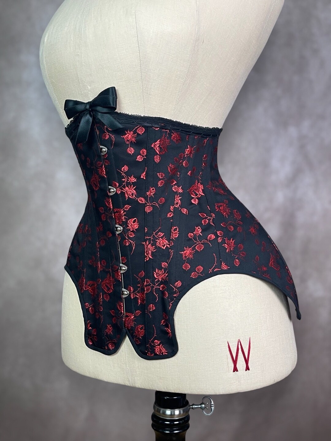Handcrafted Edwardian Underbust Corset: Black & Red Rose Coutil ...