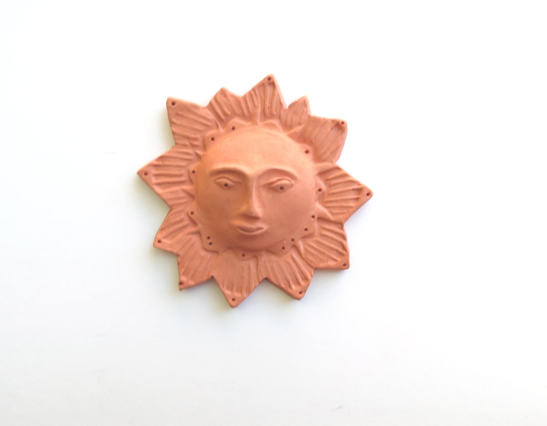 Wall Decor Ceramic Sun Art Sculpture Terracotta Sun Small Wall Hanging Clay Sun Face 6 Inch ...