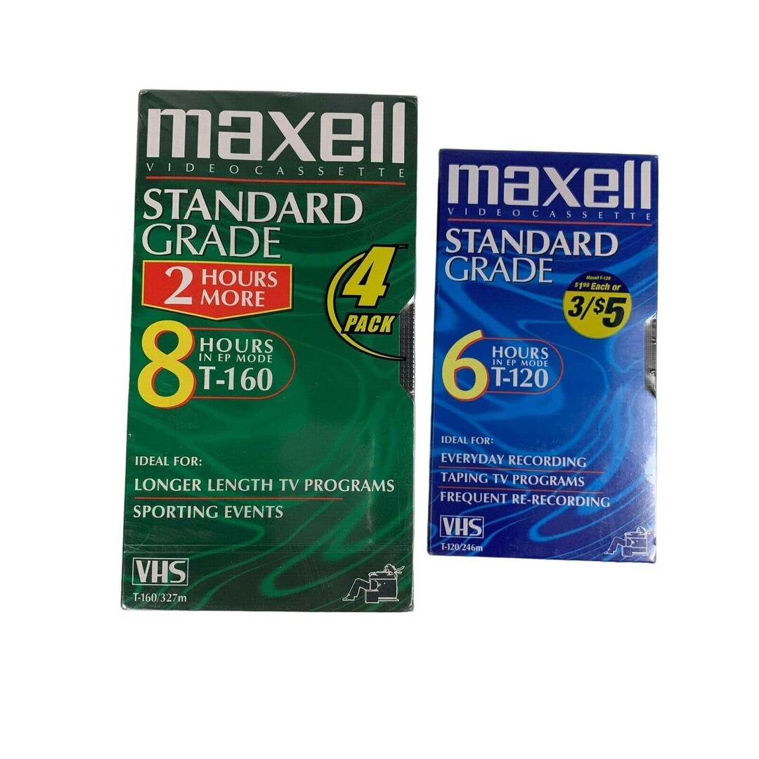 5 Maxell Standard Grade Blank VHS Tapes Four 8 Hour T-160 & One 6 Hour ...