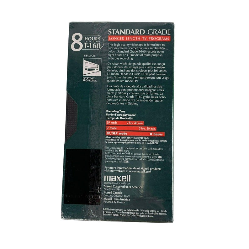5 Maxell Standard Grade Blank VHS Tapes Four 8 Hour T-160 & One 6 Hour ...