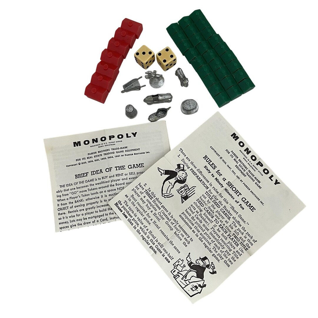 Vintage 1961 Monopoly Replacement Parts Houses Hotels Dice Pewter Game ...