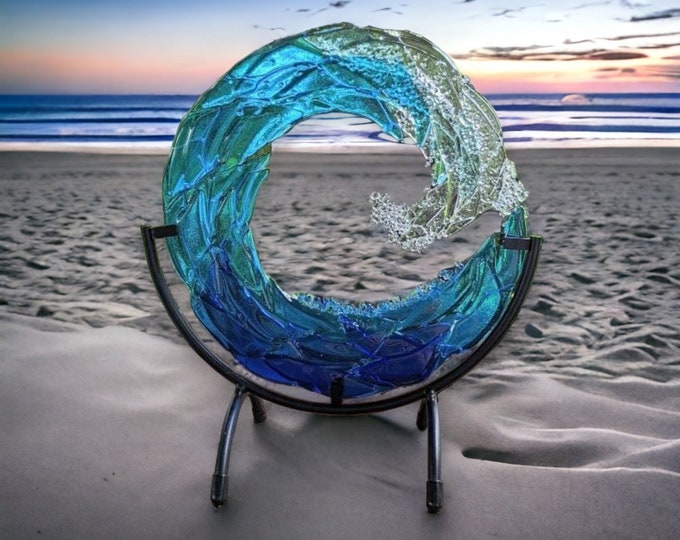 Fused Glass Ocean Wave Sculpture, 10 Inches, Free Standing Sculpture ...