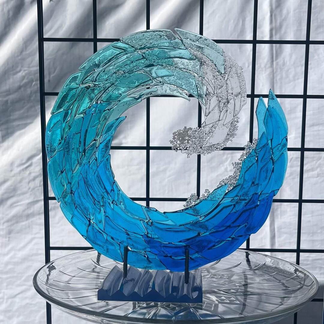 Ocean Wave Fused Glass Sculpture, 12 Inches, Free Standing Sculpture ...
