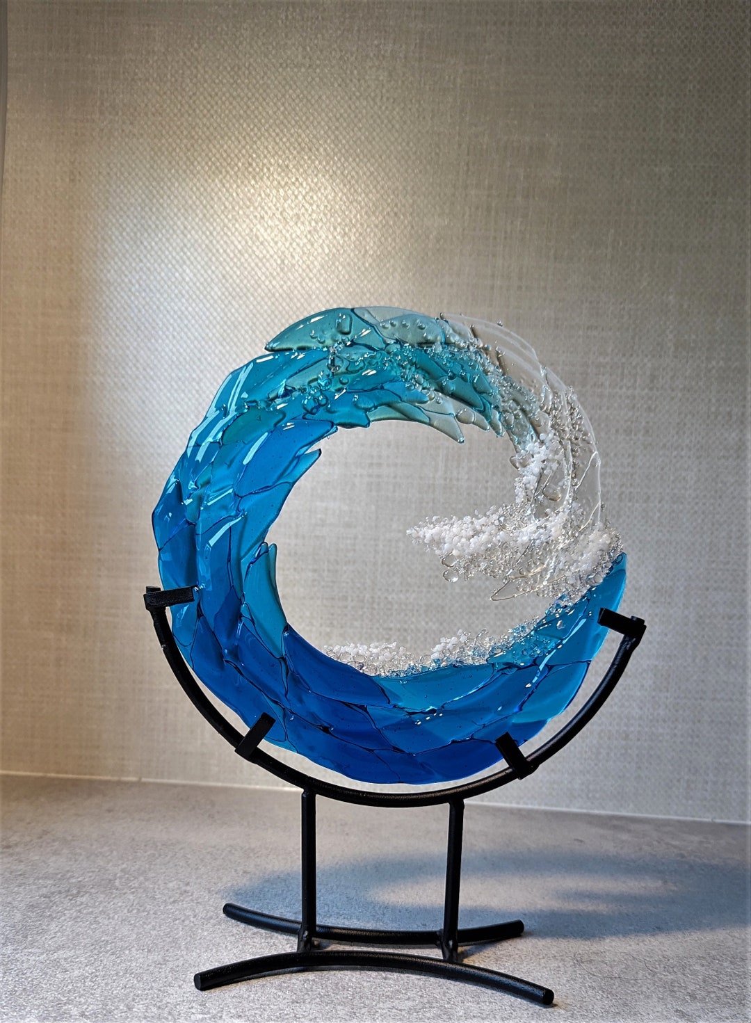Fused Glass Ocean Wave Sculpture, 8 In. Round Beach Decor, Sea Decor ...