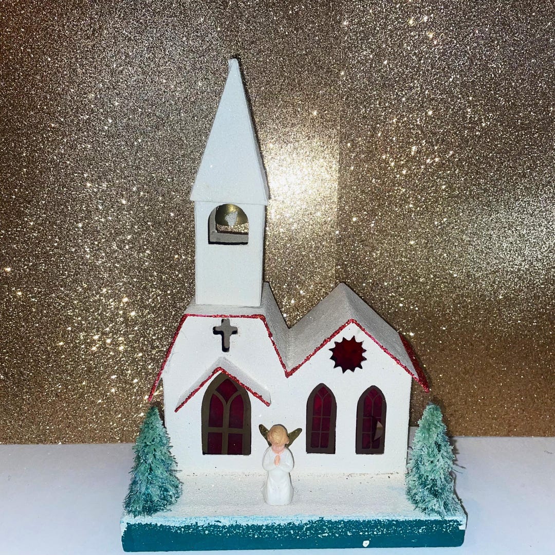 Vintage Church Putz House, Large 9 With Steeple, Kneeling Angel, Minty ...