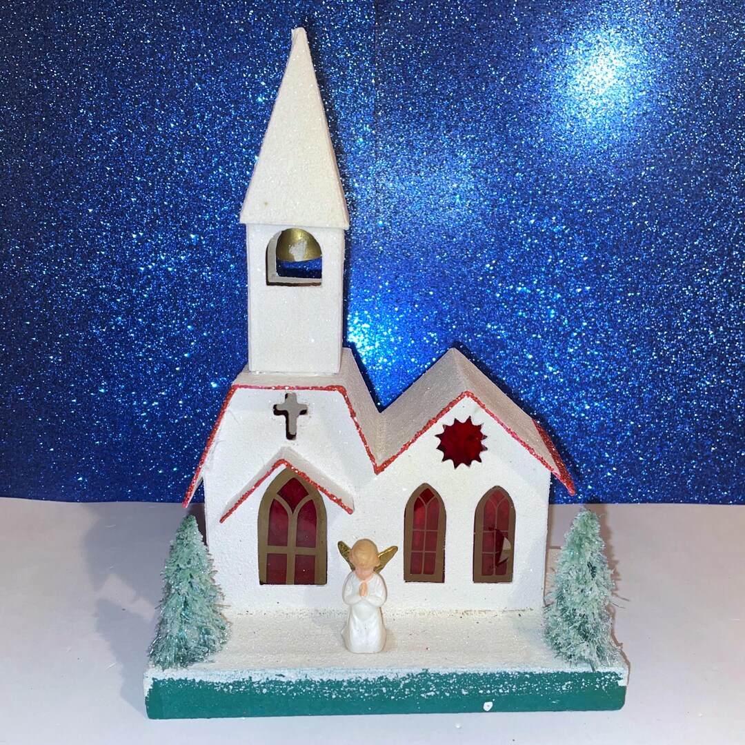 Vintage Lage 9 Putz House, Church With Steeple, Kneeling Angel, Minty ...